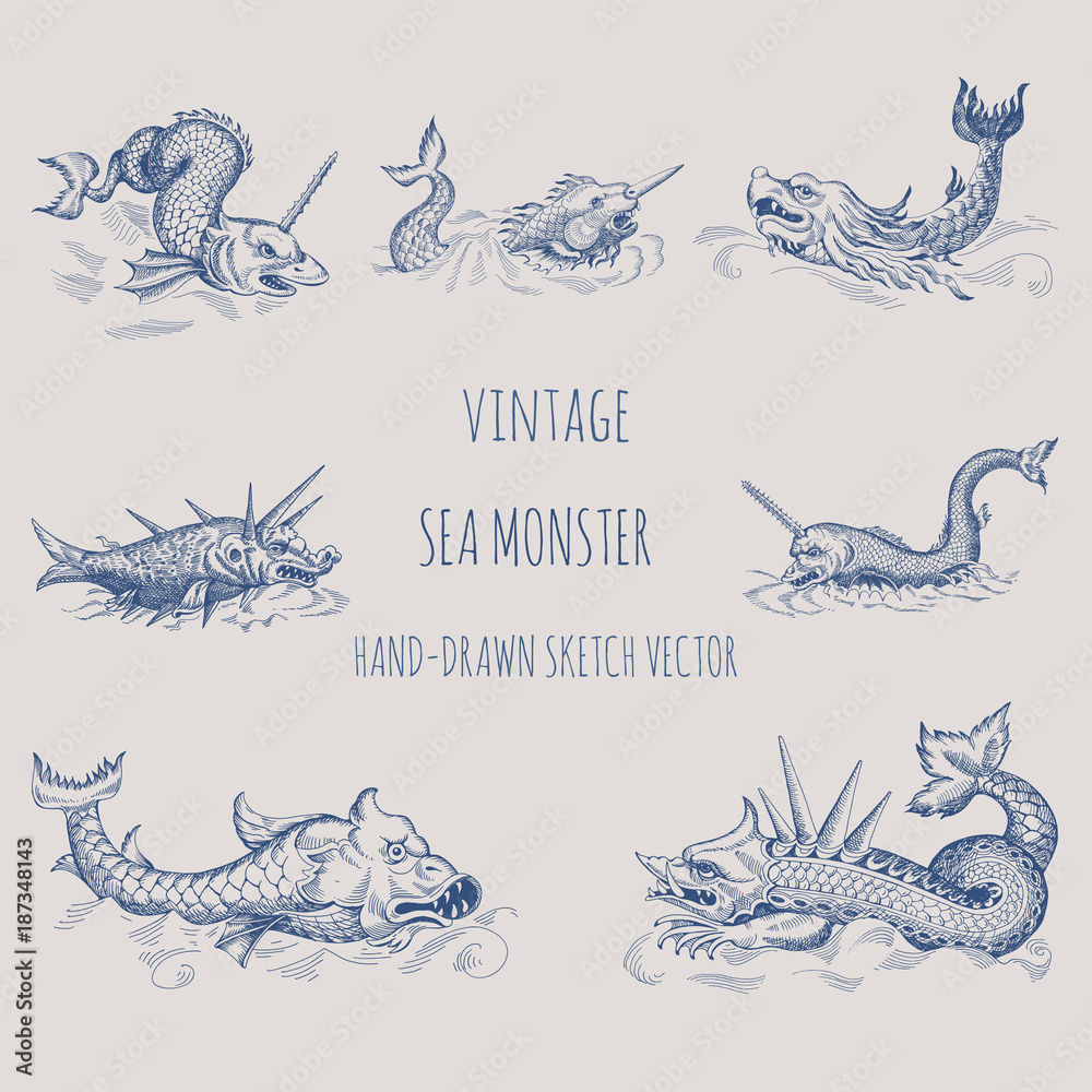 Mythological vintage sea monster. Fragment of old pirate map. Hand ...