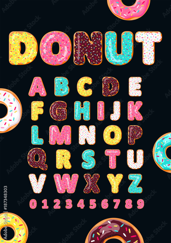 Font of donuts. Bakery sweet alphabet. Letters and numbers with pink ...