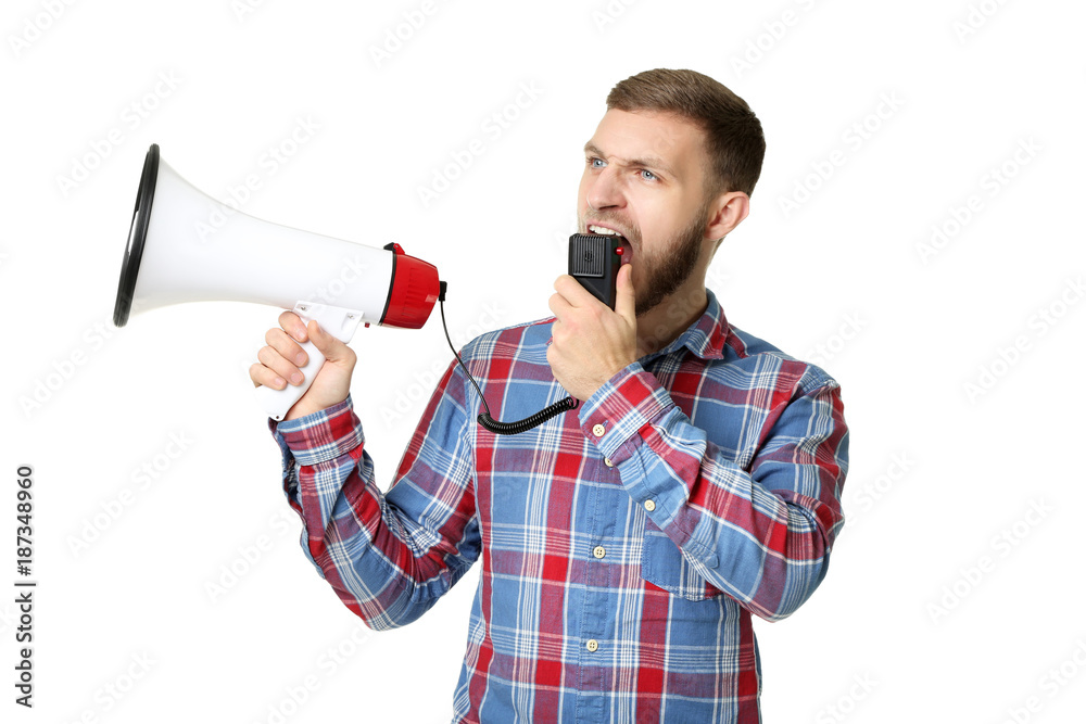 Young man screaming in megaphone on white background Stock Photo ...