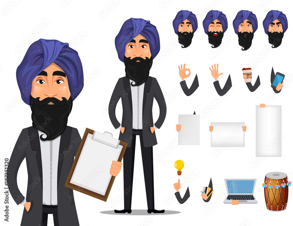 Indian business man cartoon character creation set Stock Vector | Adobe ...