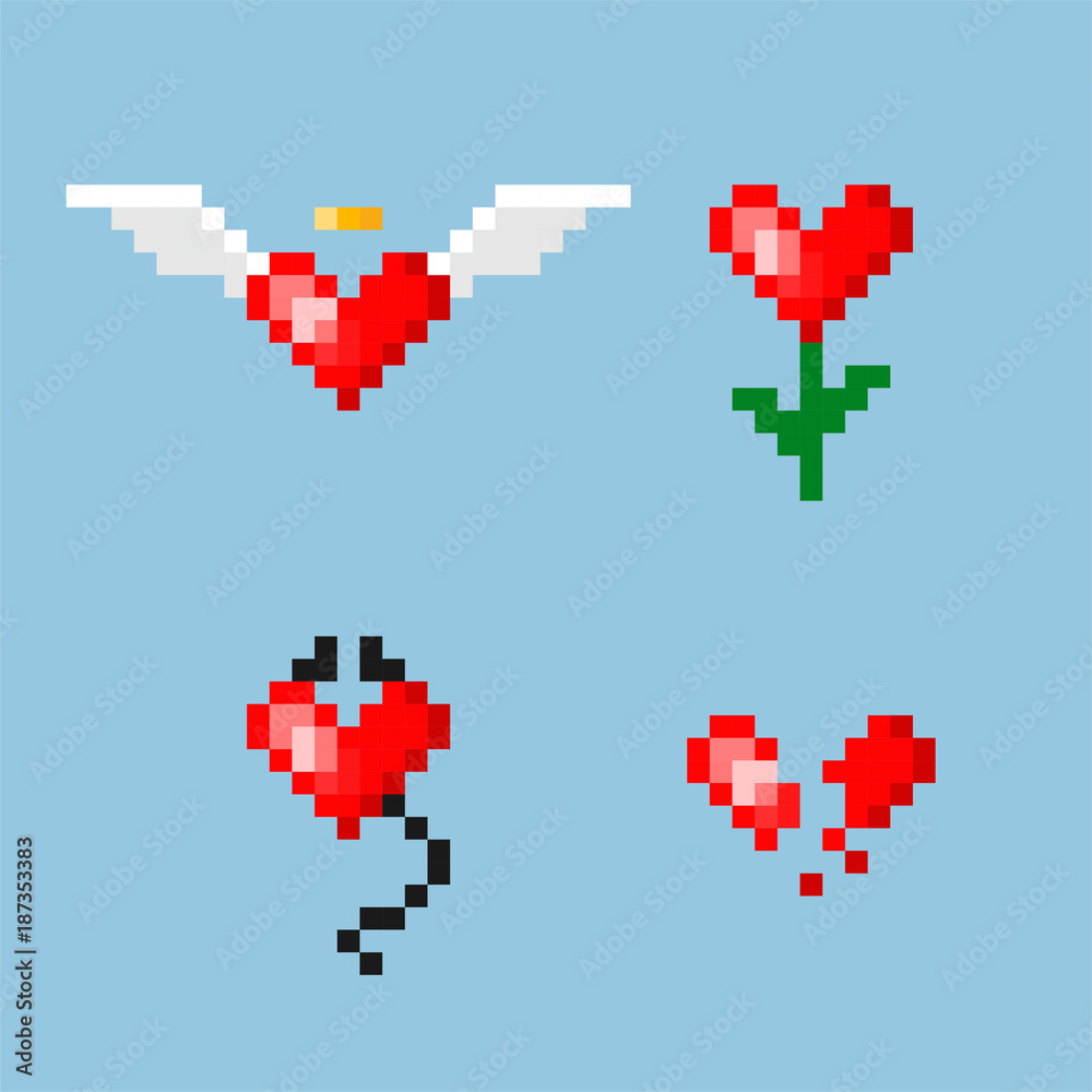 Pixel art. Heart with wings, heart with horns, broken heart, and the ...