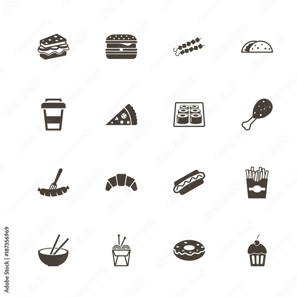 Fast Food icons. Perfect black pictogram on white background. Flat ...