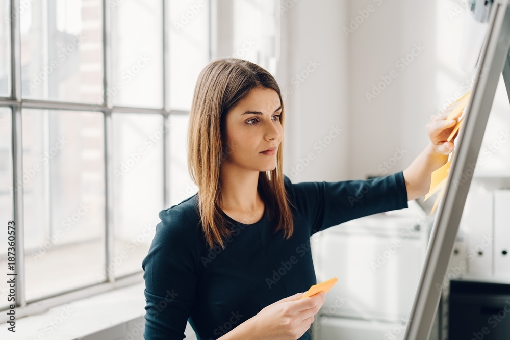 Woman sticking sticky notes to flip chart Stock Photo | Adobe Stock