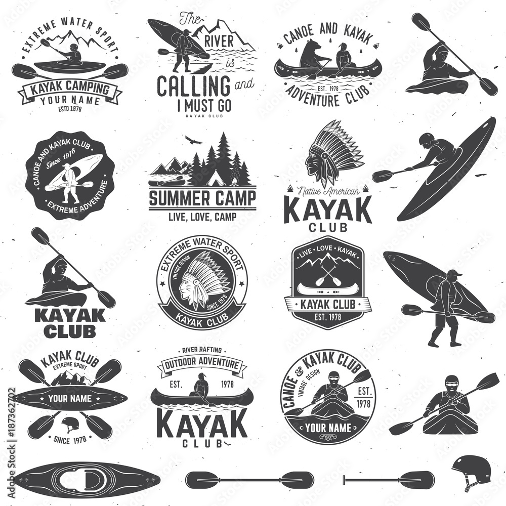 Set of canoe and kayak club badges. Vector illustration. Stock Vector ...