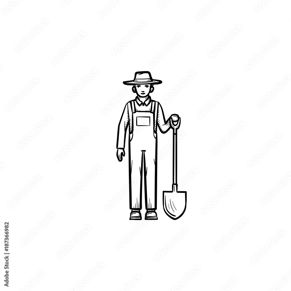 Vector hand drawn Farmer with shovel outline doodle icon Stock Vector ...