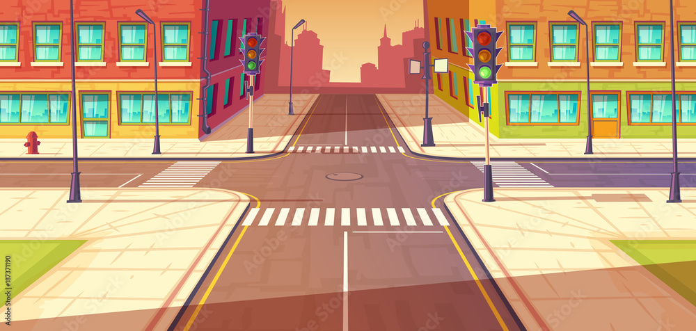 City crossroads, intersection vector cartoon illustration. Urban ...