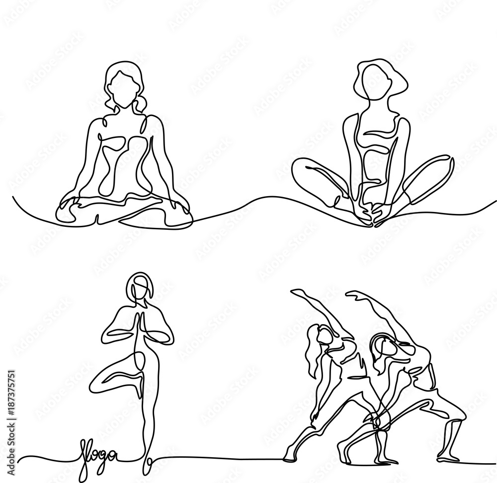 Set Continuous line drawing. Woman doing exercise in yoga pose. Vector ...