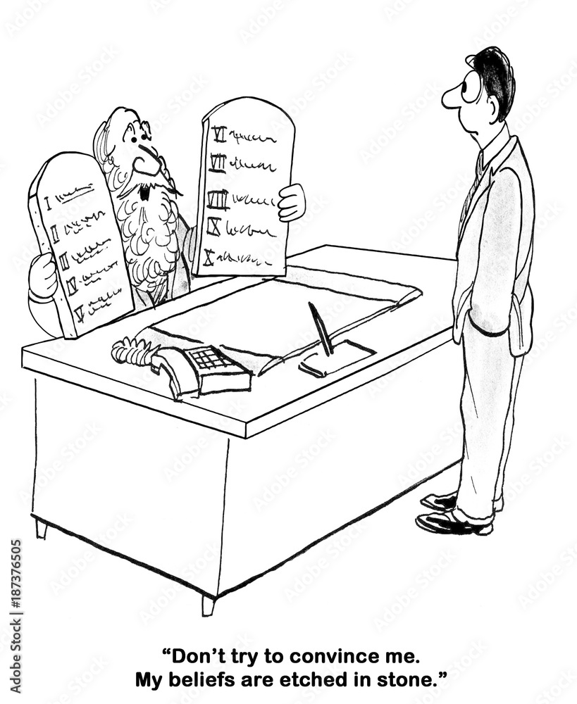 Business cartoon about a boss who is difficult to convince, his beliefs ...