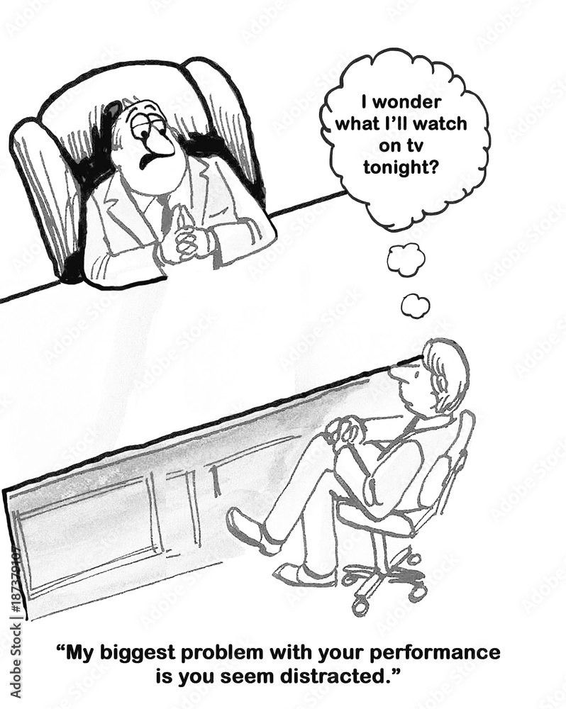 Business cartoon about giving feedback to a distracted employee. Stock ...