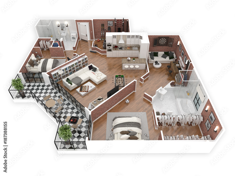 Floor plan of a house top view 3D illustration. Open concept living ...