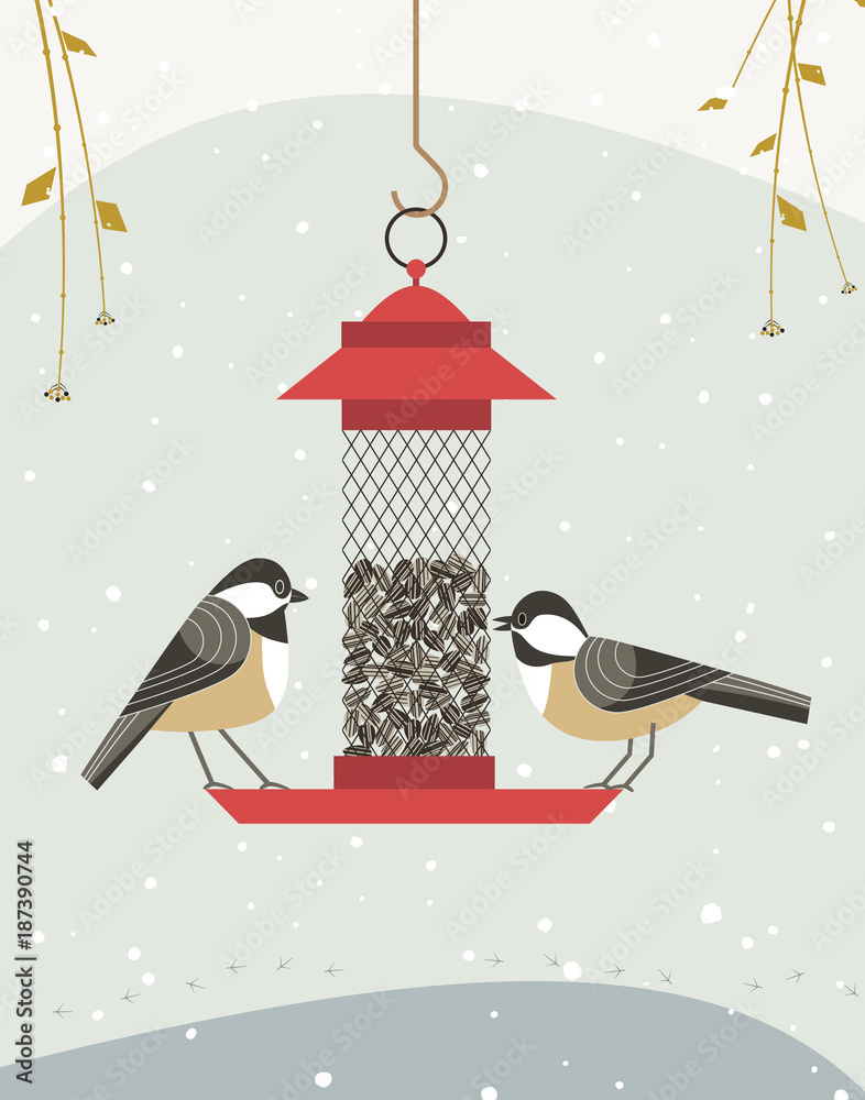 Cute black capped chickadee bird poster. Comic flat cartoon. Minimalism ...