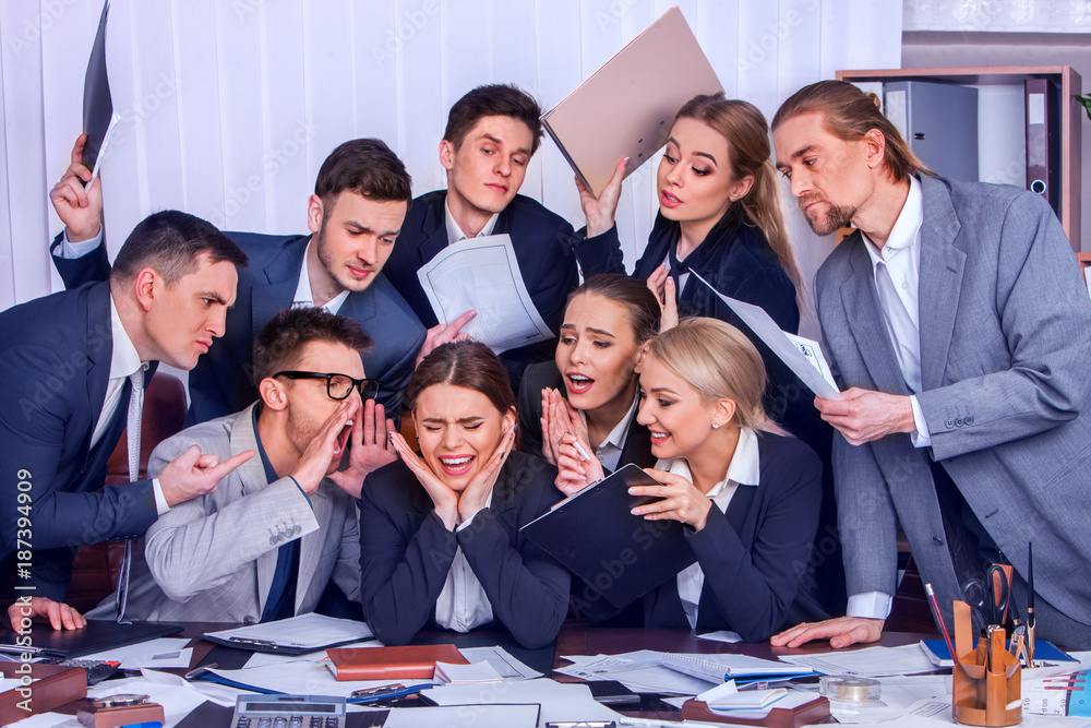 Mad business people office. Nervous breakdown boss. Team people are ...