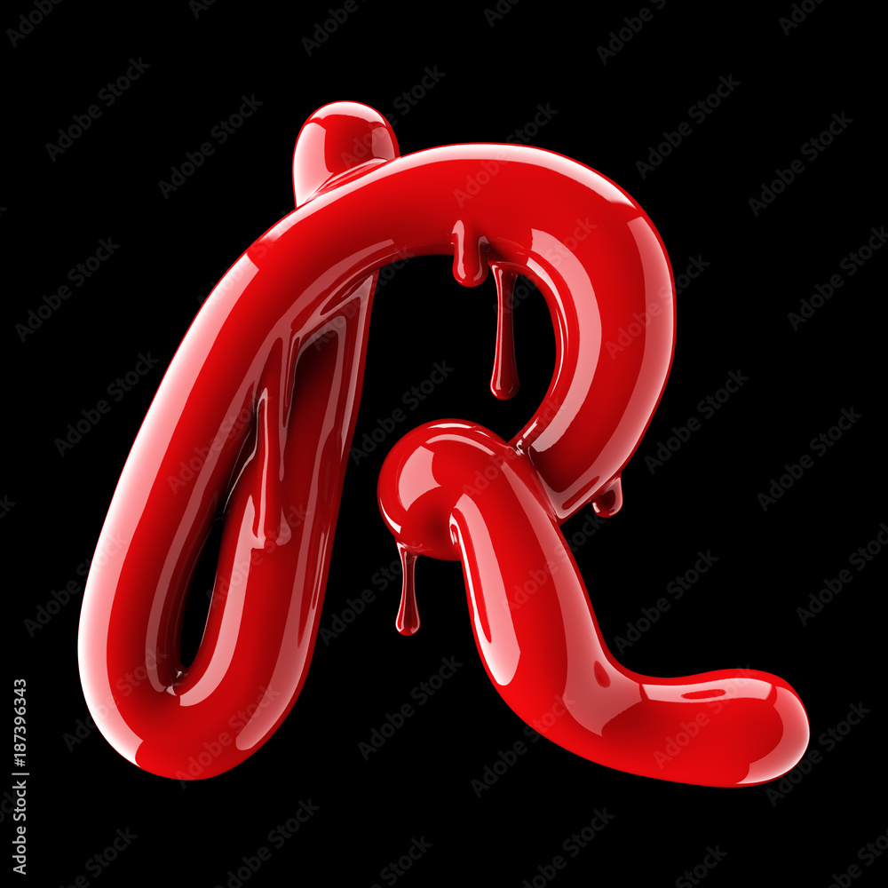 Leaky red alphabet on black background. Handwritten cursive letter R ...