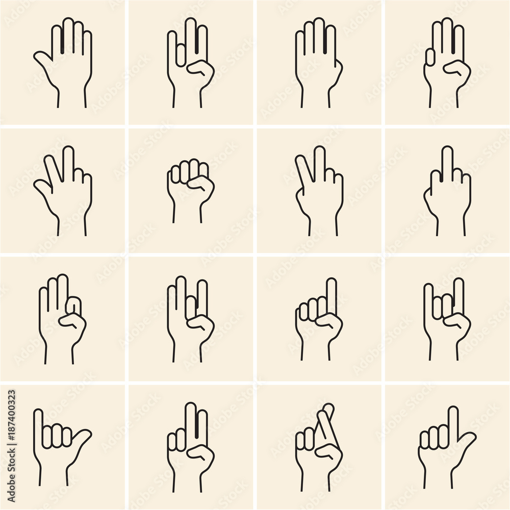 Linear hand icons set on back background. Sign language. Gestures ...