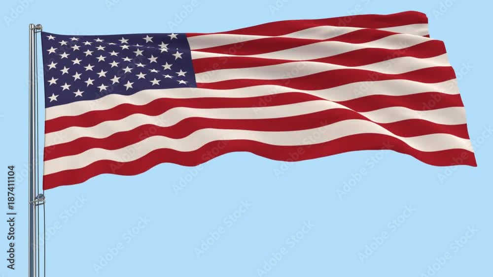 Isolated large cloth in the colors of USA on a flagpole fluttering in ...