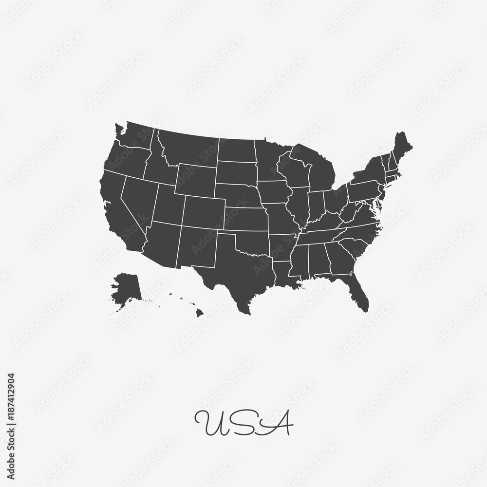 USA region map: grey outline on white background. Detailed map of USA ...