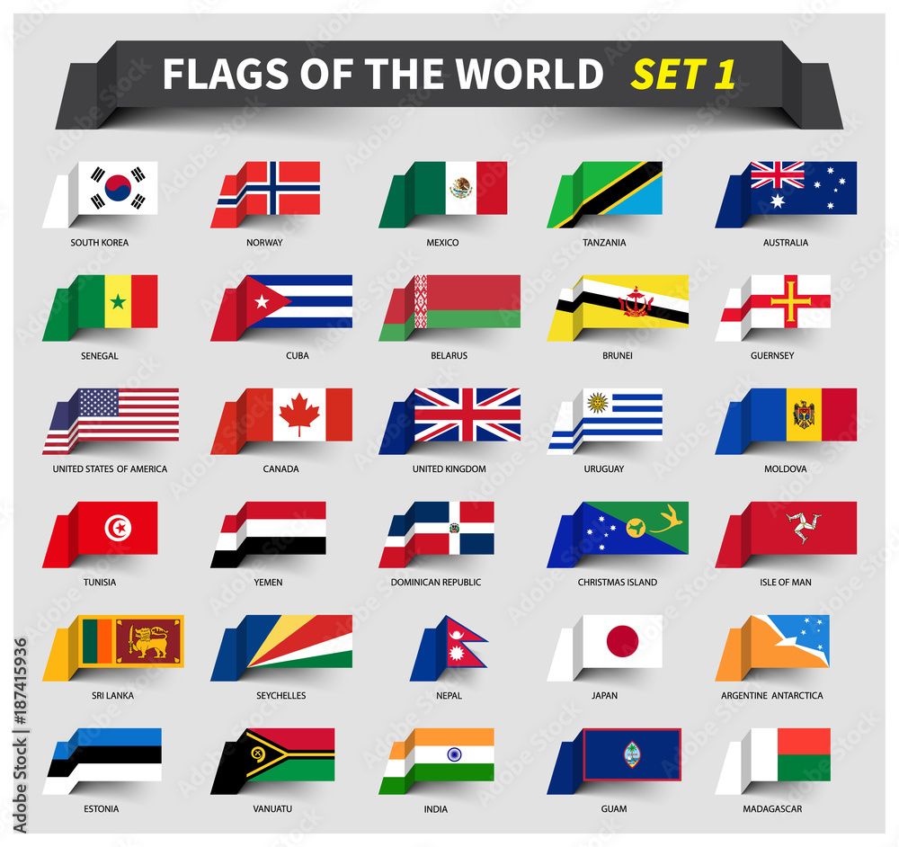 All flags of the world set 1 . Waving ribbon style Stock Vector | Adobe ...