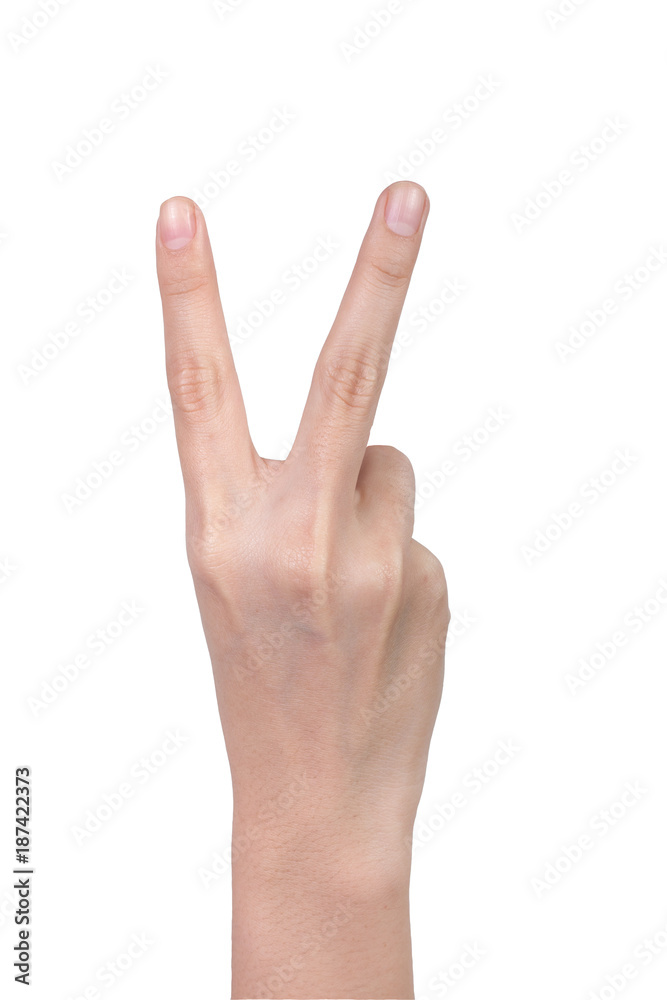 Hand with two fingers up in the peace or victory symbol. Also the sign ...