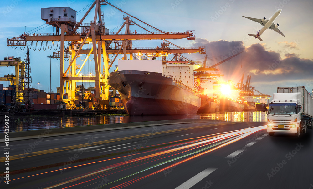 Truck transport container on the road to the port with transportation ...