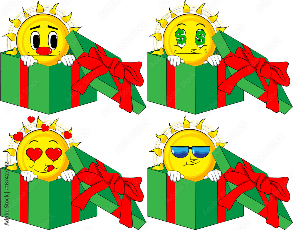 Cartoon sun in a gift box. Collection with various facial expressions ...