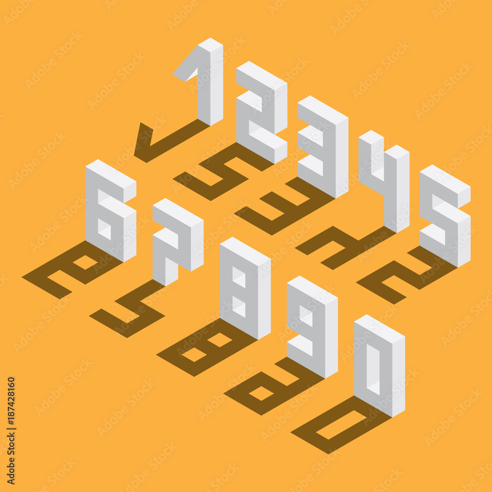 Numbers sequence from 1 to 9 and 0, drawn in isometric style, based on ...