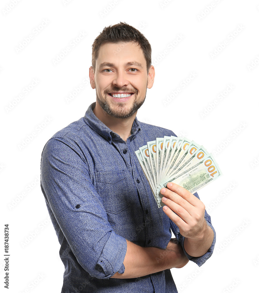 Young man with money on white background Stock-Foto | Adobe Stock