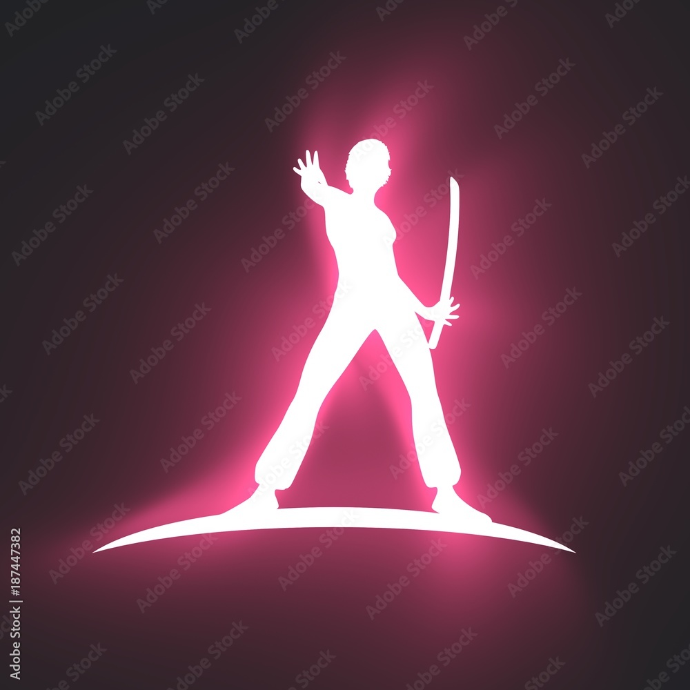 Martial art silhouette of woman in sword fight Kung Fu pose. Emblem for ...
