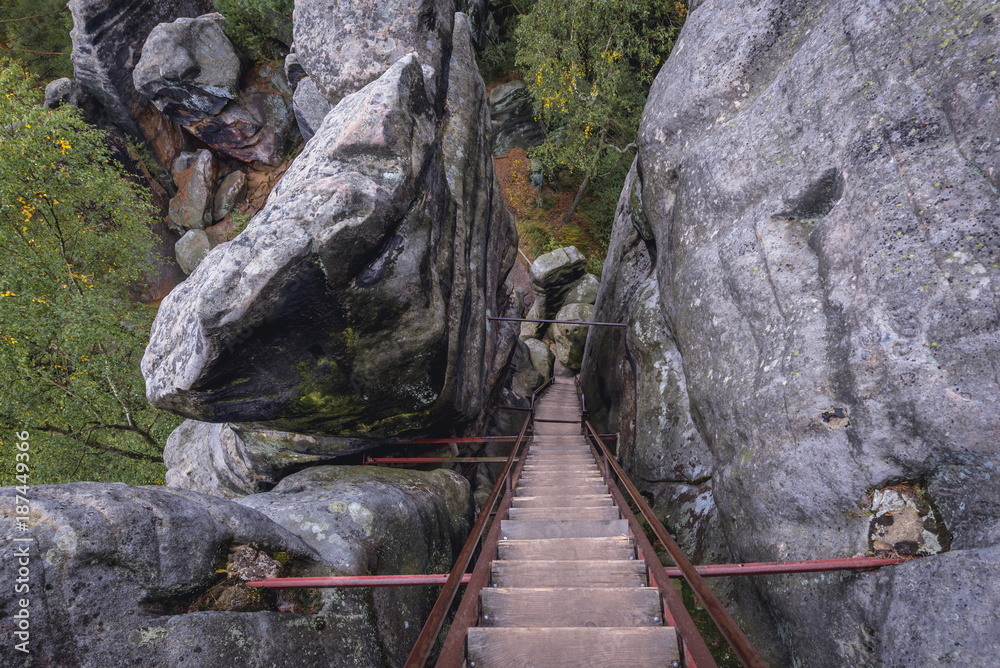 Stairs on the rock with remains of Strmen Castle in Teplice Rocks, part ...