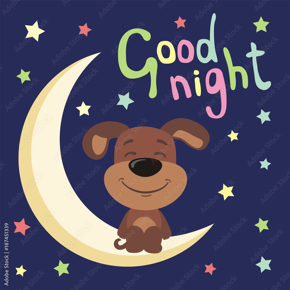 Good Night Funny Puppy Dog In Cartoon Style Sitting On Moon Stock Good Night Funny Puppy Dog In Cartoon Style Sitting On Moon Stock