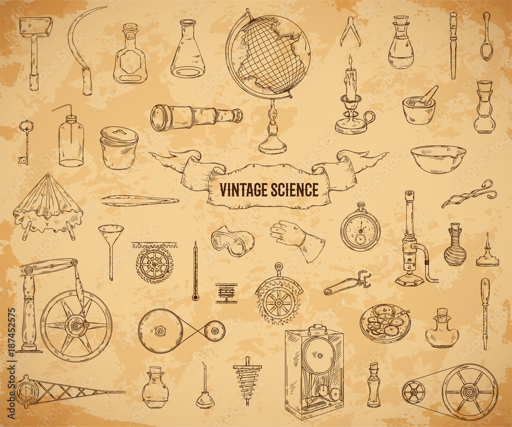 Vintage science objects set in steampunk style. Scientific equipment ...