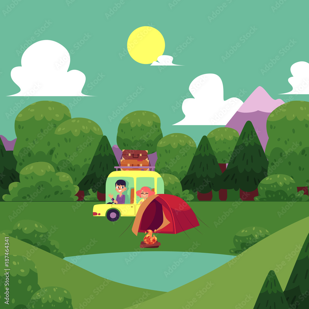 vector flat cartoon camping scene, travelling road trip. funny ...