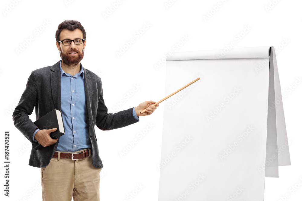 Teacher pointing at a blank presentation board with a stick Stock Photo ...