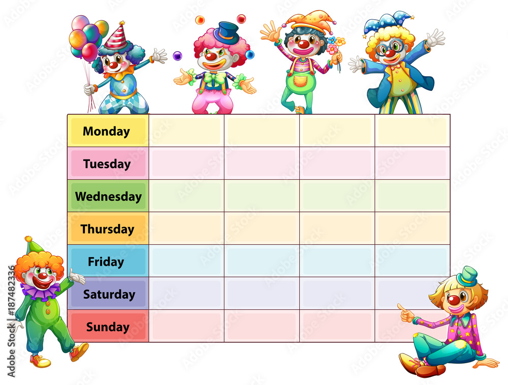 Table of seven days of the week with happy clowns Stock Vector | Adobe ...