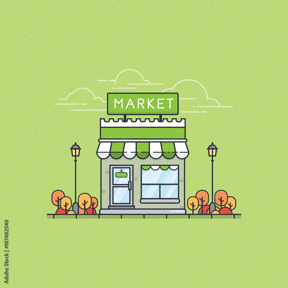 Store building illustration. Grocery store facade. Shop and store in ...