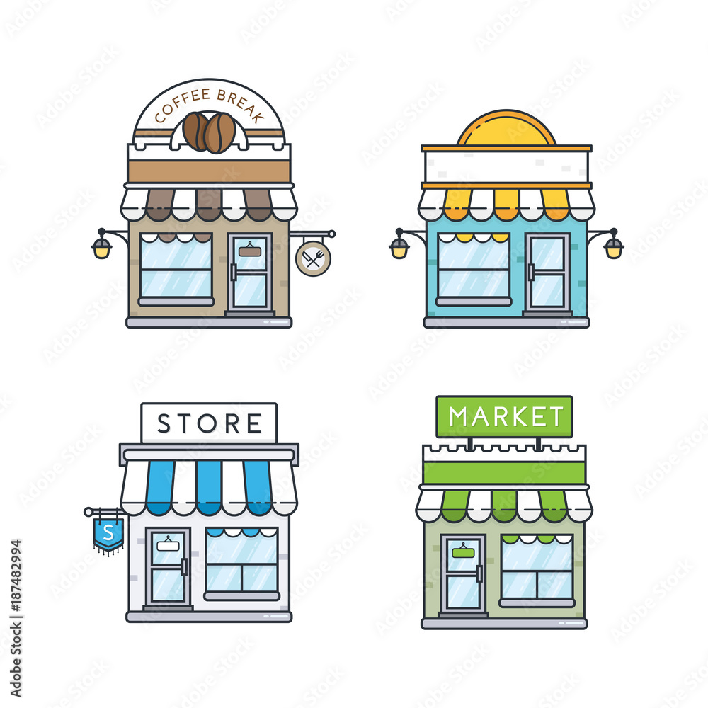 Vector set of store buildings. Shops design elements, icons in flat and ...