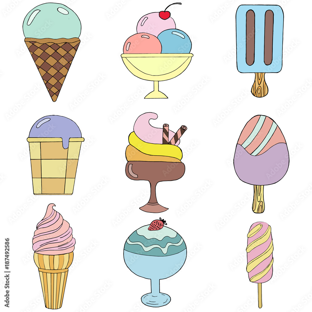Cute hand drawn with different types of ice cream. Doodle texture with ...