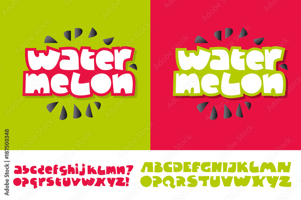 Watermelon text for print and web on red and green colors. Alphabet set ...