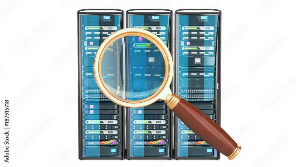 Computer Server Racks with magnifier, 3D rendering isolated on white ...