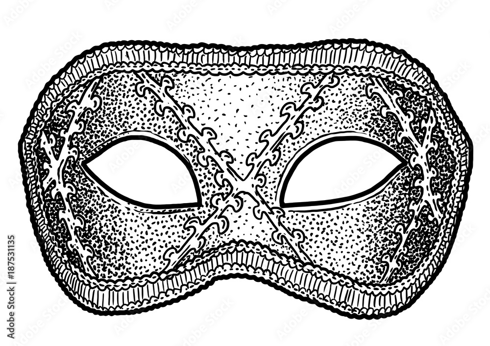 Venetian mask illustration, drawing, engraving, ink, line art, vector ...