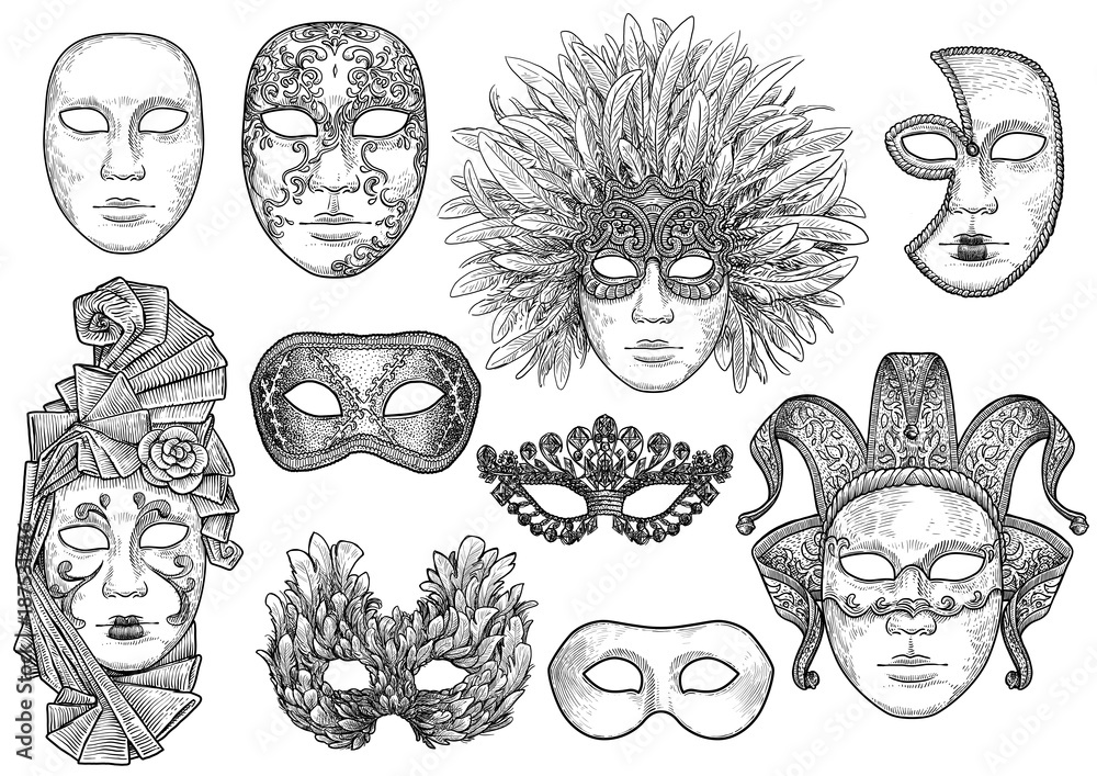 Venetian mask illustration, drawing, engraving, ink, line art, vector ...