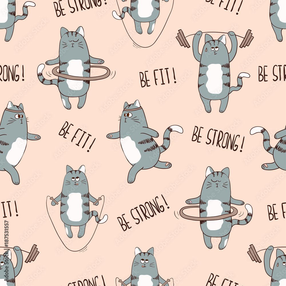 Seamless pattern with cute cartoon cats exercising. Vector fitness ...