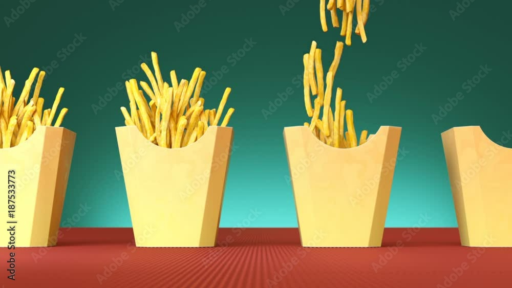 Fried potato chips in paper boxes moving on the production line Paper ...