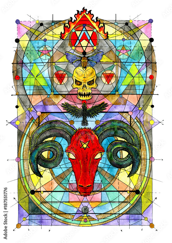 Watercolor illustration with death and devil symbols on white ...