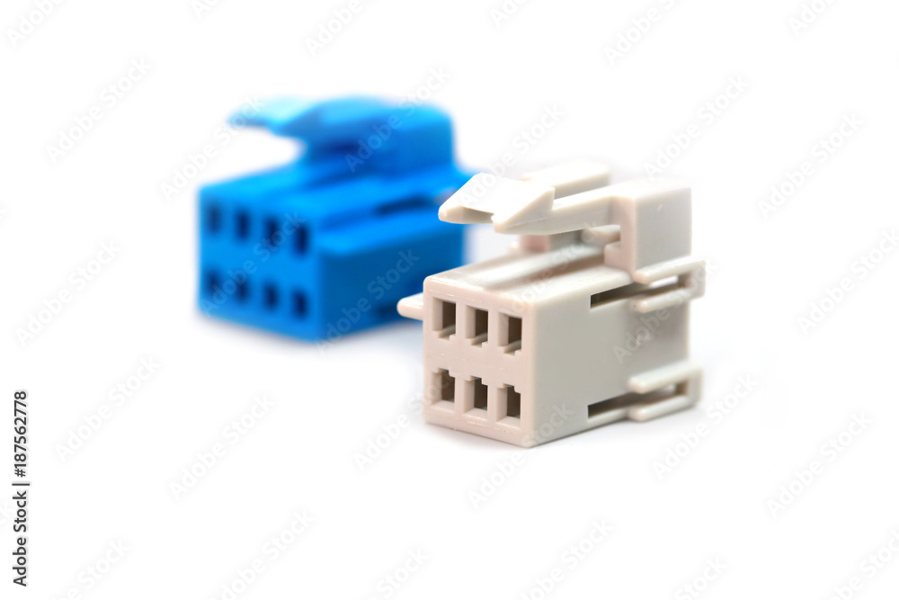 One blue and one white connector isolated on white background Stock ...