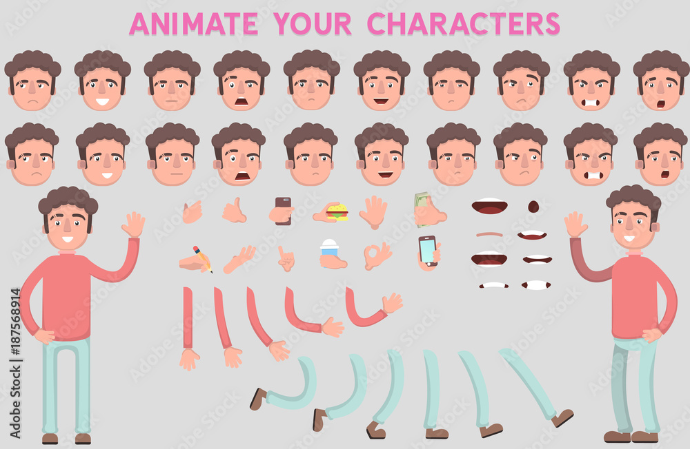 Flat Vector Guy character for your scenes. Character creation set with ...