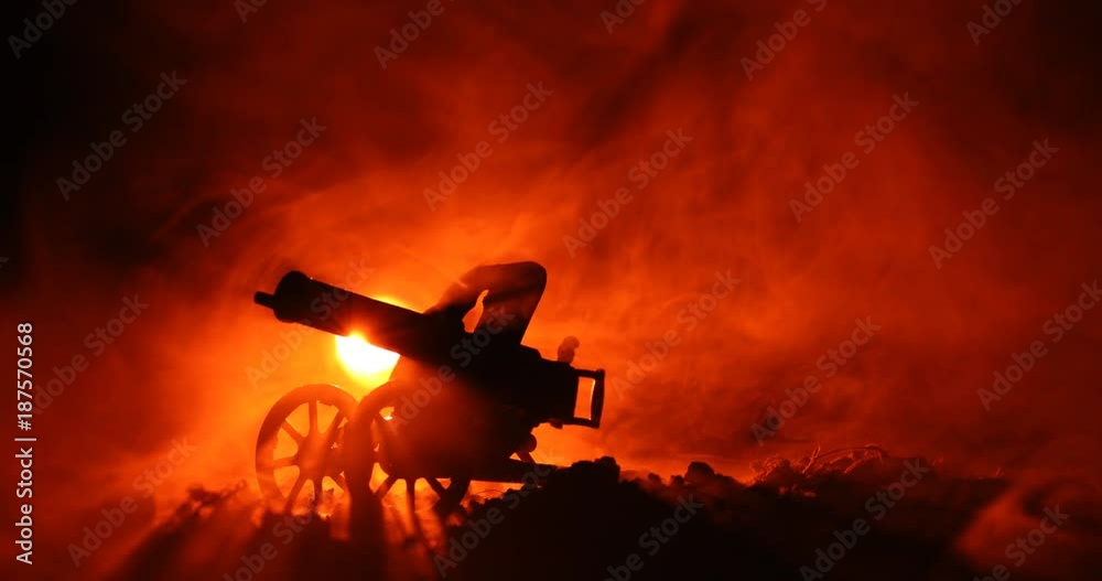 Maxim gun in 1910 sample year. After battle scene with fog. orange ...