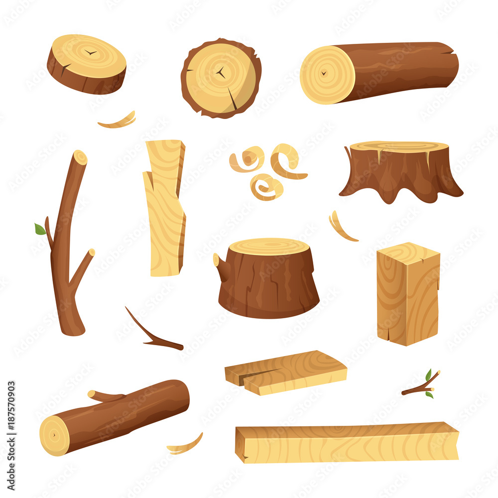 Materials for wood industry. Tree lumber, trunk. Vector pictures set in ...