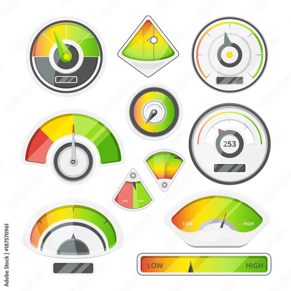 Different speed indicators. Vector pictures of speedometers and ...