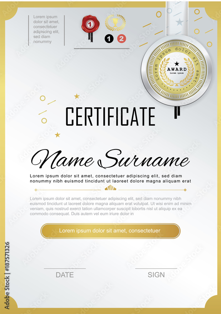 White official certificate with badge and wafer. Vector template. Grey ...