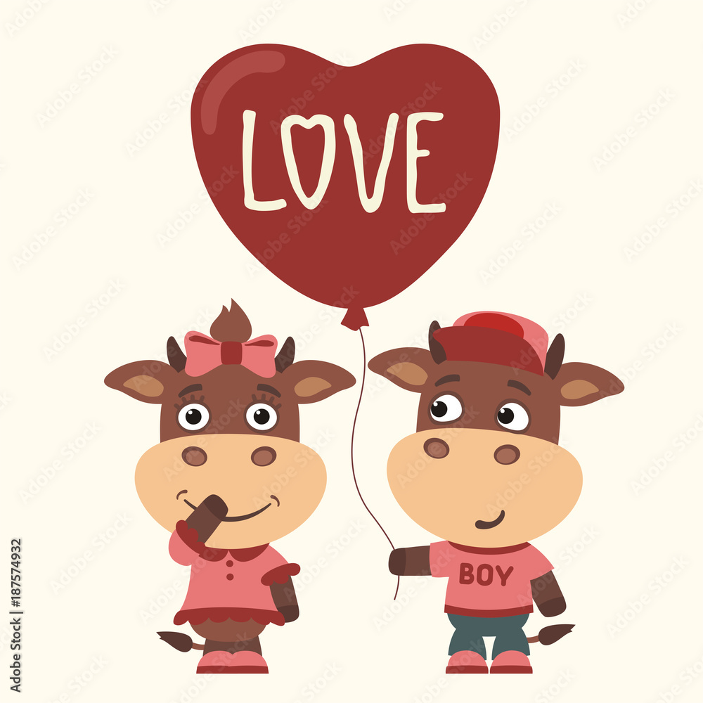 Love. Funny bull and cow with balloon-heart. Greeting card for ...